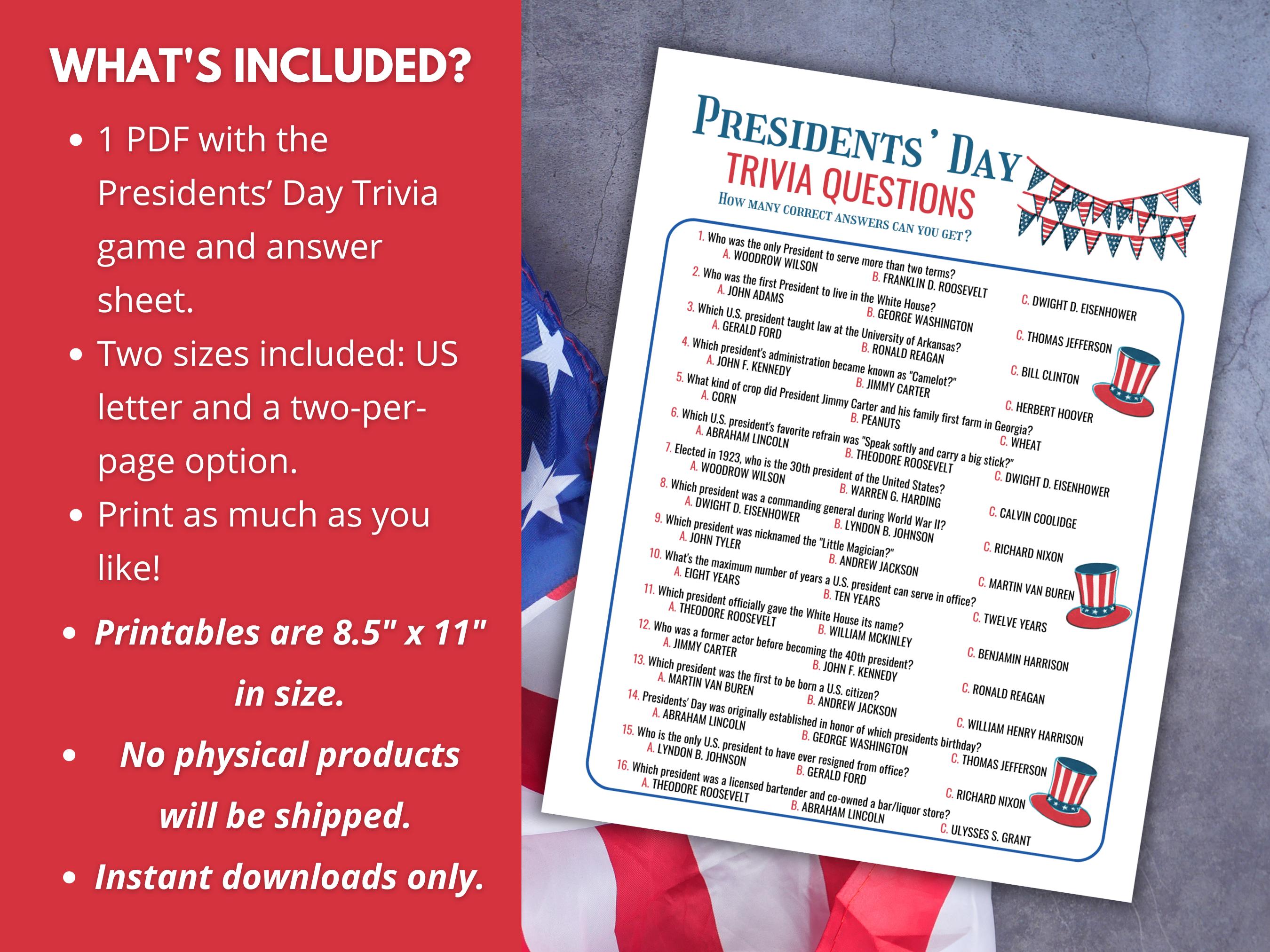 Presidents' Day Trivia Game, Presidents' Day Game, Presidential Trivia ...