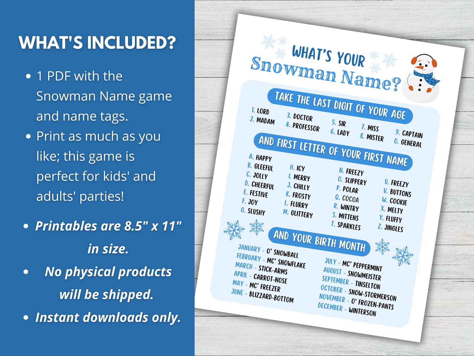 What's Your Snowman Name Game With Name Tags, Printable Christmas Party ...