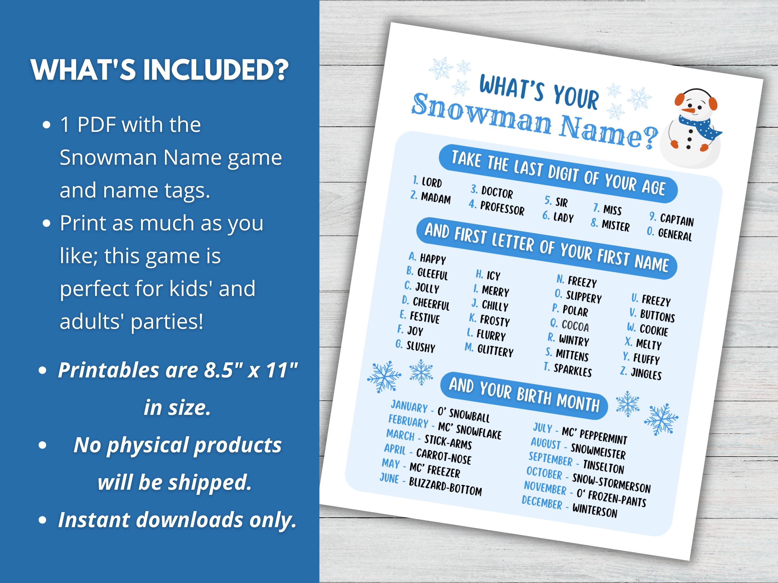 What's Your Snowman Name Game With Name Tags, Printable Christmas Party ...