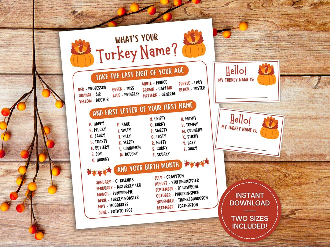 What's Your Turkey Name Game and Name Tags, thanksgiving Game ...