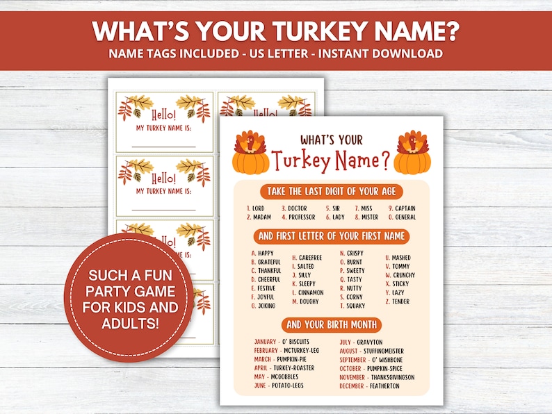 What's Your Turkey Name Game With Name Tags, Thanksgiving Game ...