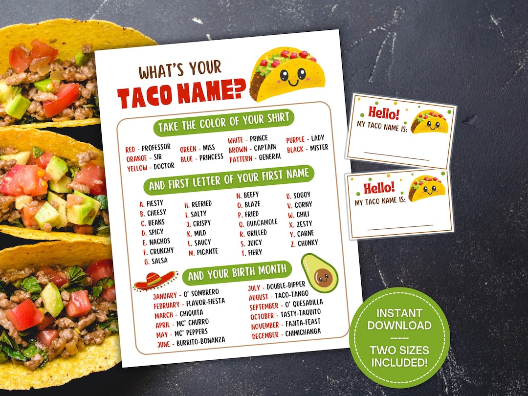 What's Your Taco Name Game With Name Tags, Taco Party Game, Mexican ...