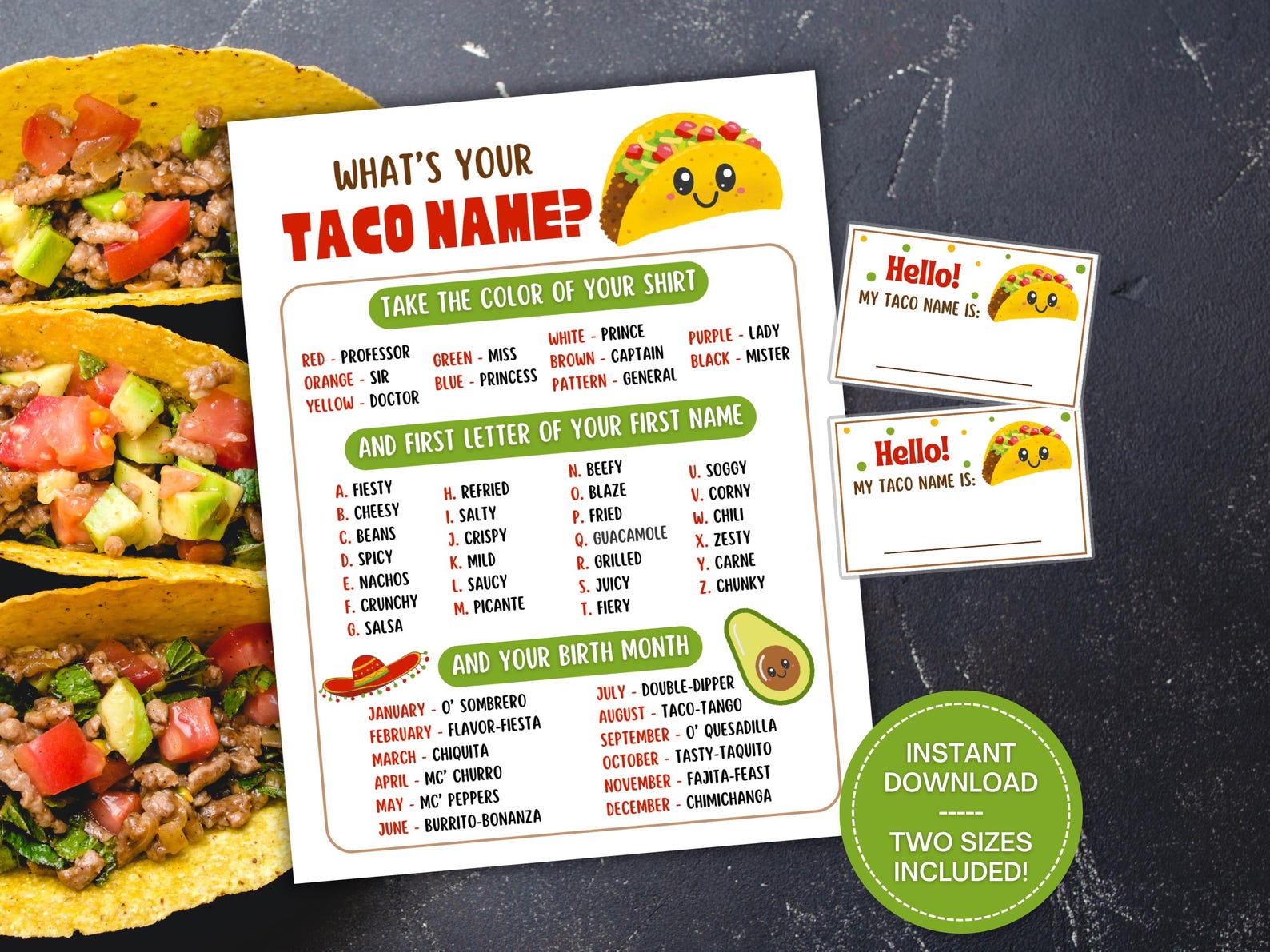 What's Your Taco Name Game With Name Tags, Taco Party Game, Mexican ...