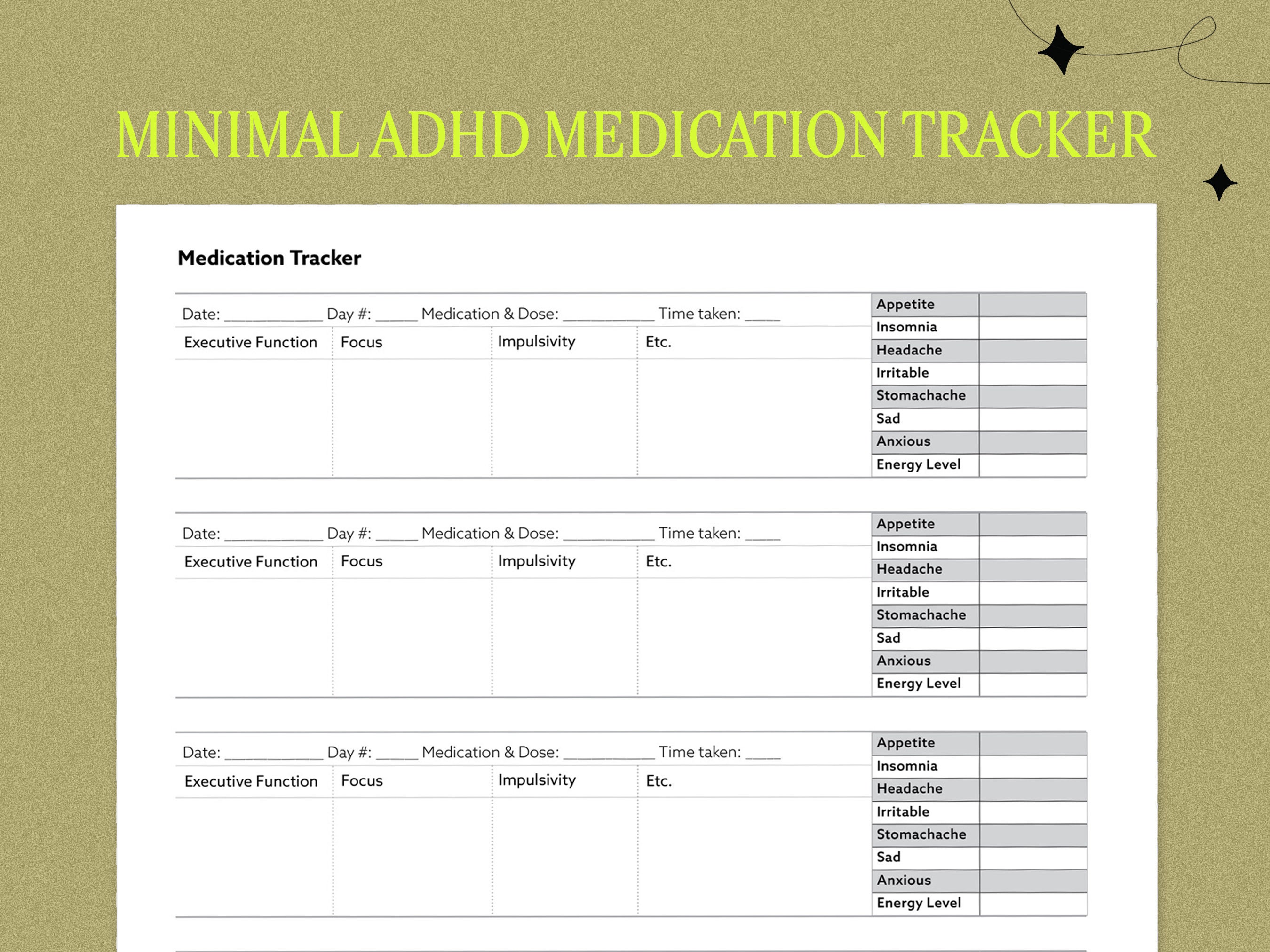 ADHD Medication Tracker Digital / Printable Worksheet, Side Effect Log ...