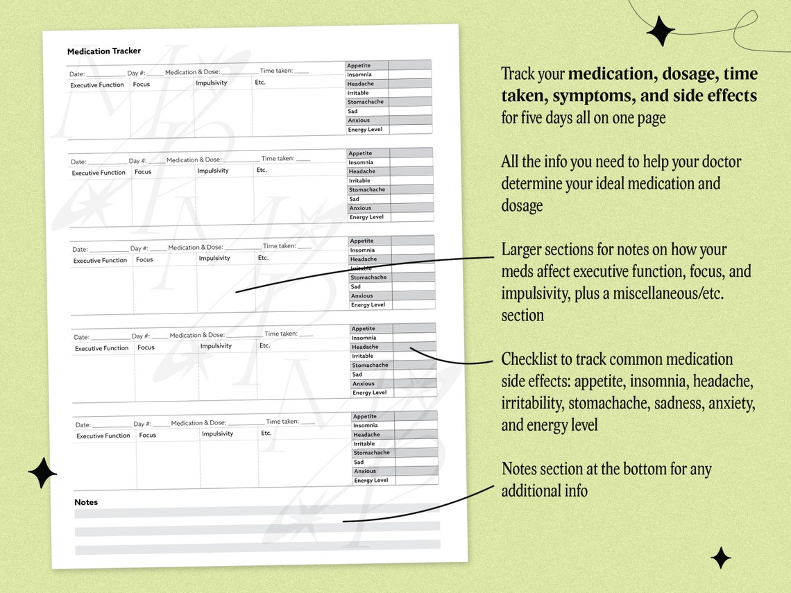 ADHD Medication Tracker Digital / Printable Worksheet, Side Effect Log ...