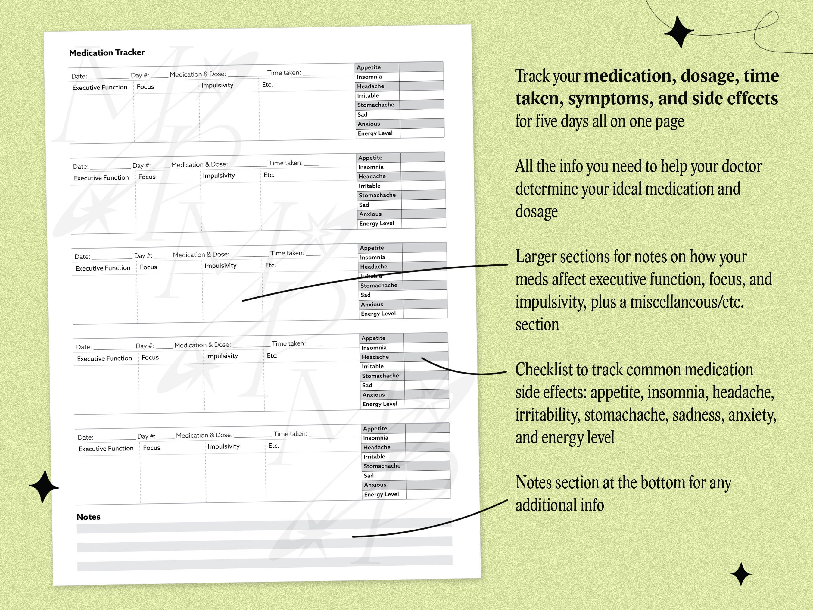 ADHD Medication Tracker Digital / Printable Worksheet, Side Effect Log ...