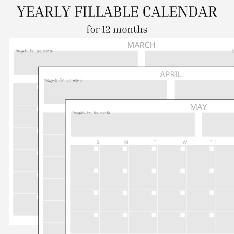 Yearly Fillable Printible Calendar for 12 Months, Minimal Calendar ...