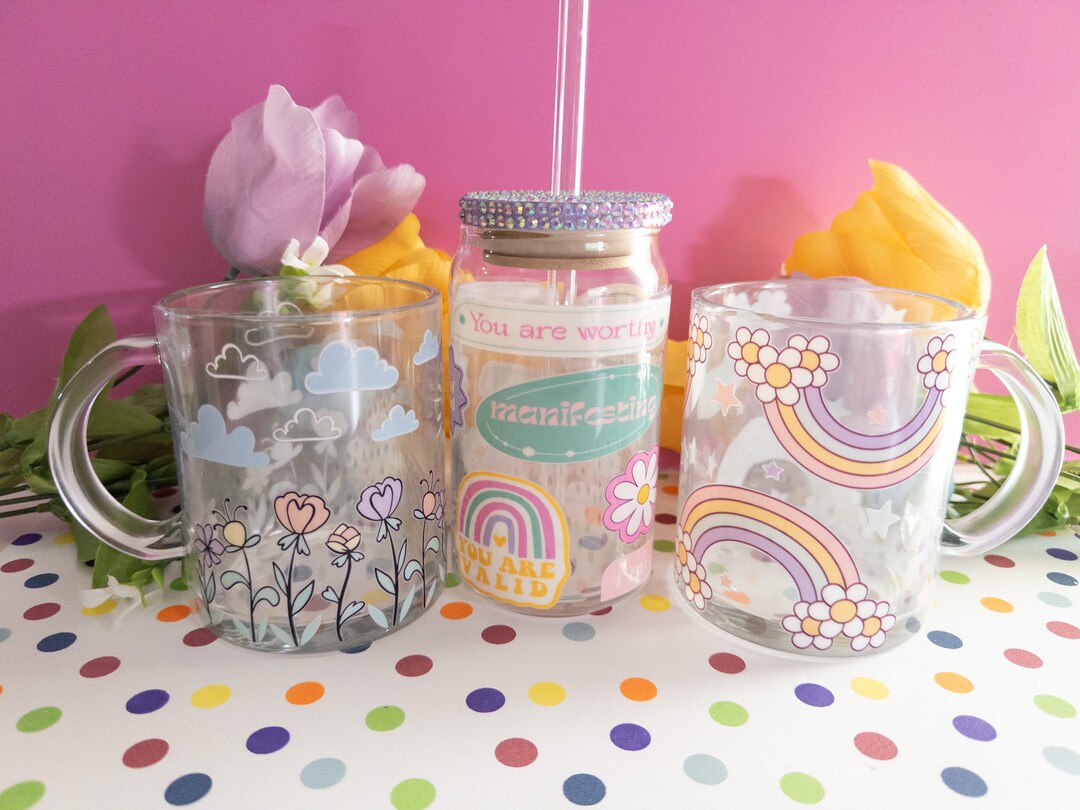 Spring Glass Can| Spring Flower Glass Can, Spring Rainbow Clear Mug ...