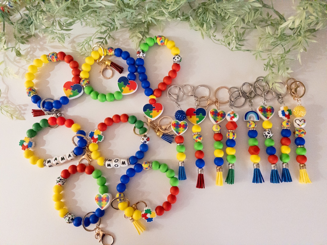 Autism Awareness Keychain| Autism Wristlet, Silicone Beads Keychain ...