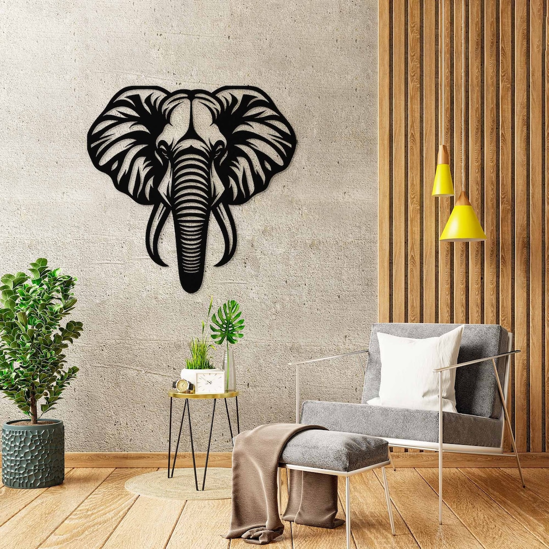 Elephant Metal Wall Art, Large Animal Wall Decor, Modern Black Elephant ...