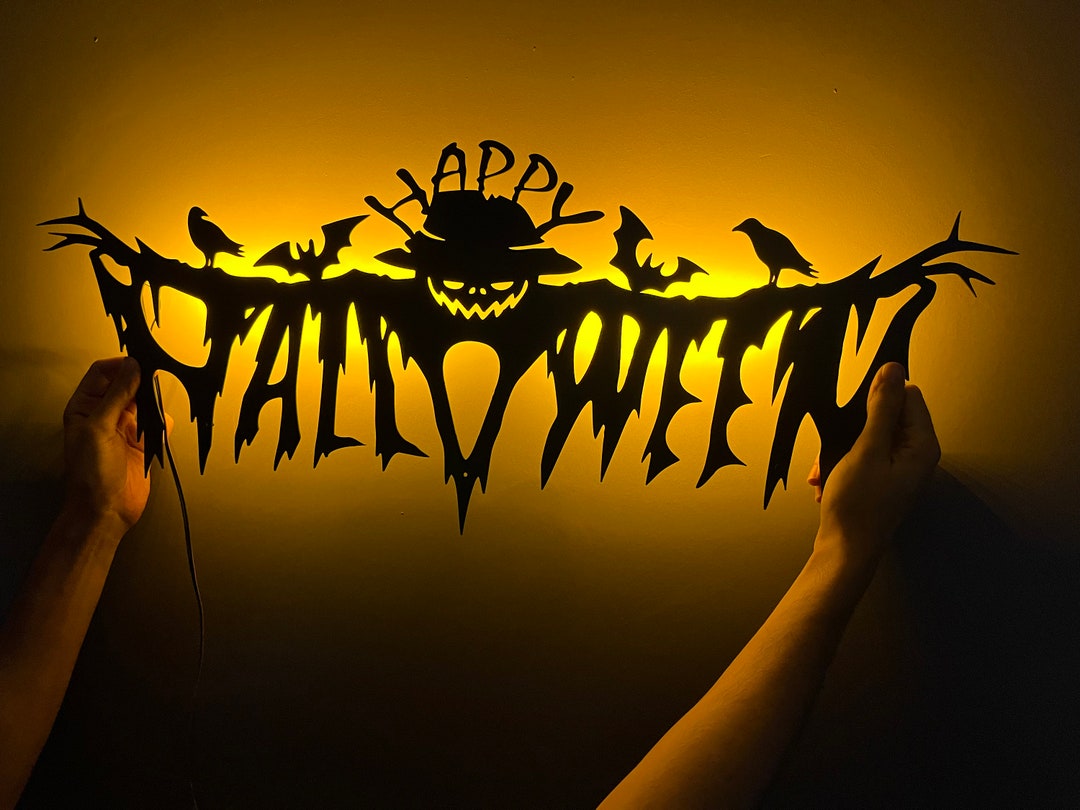 Spooky Happy Halloween Decoration With LED Light Sign, Metal Wall Art ...