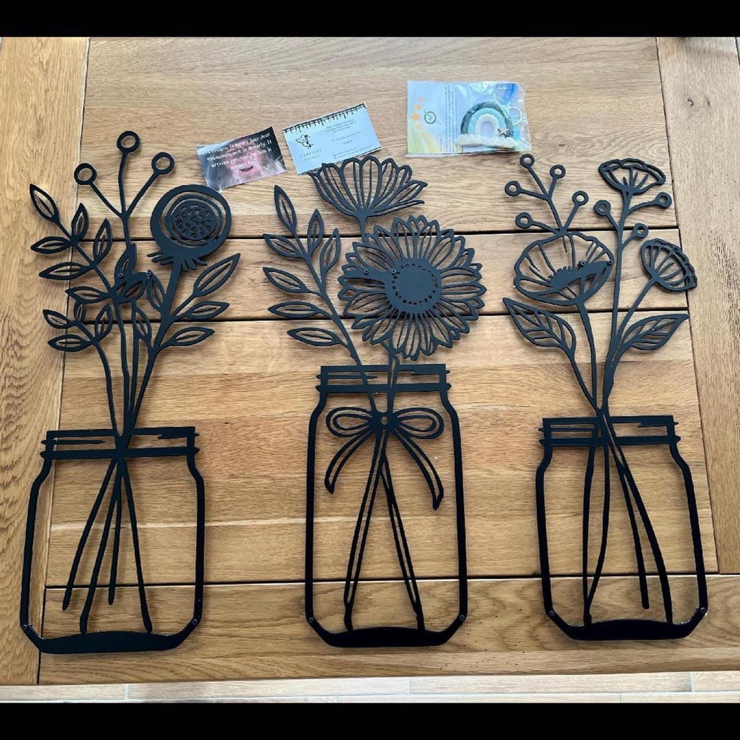 Flowers in Mason Jars Metal Wall Art, 3 Piece Flower Wall Art, Kitchen ...