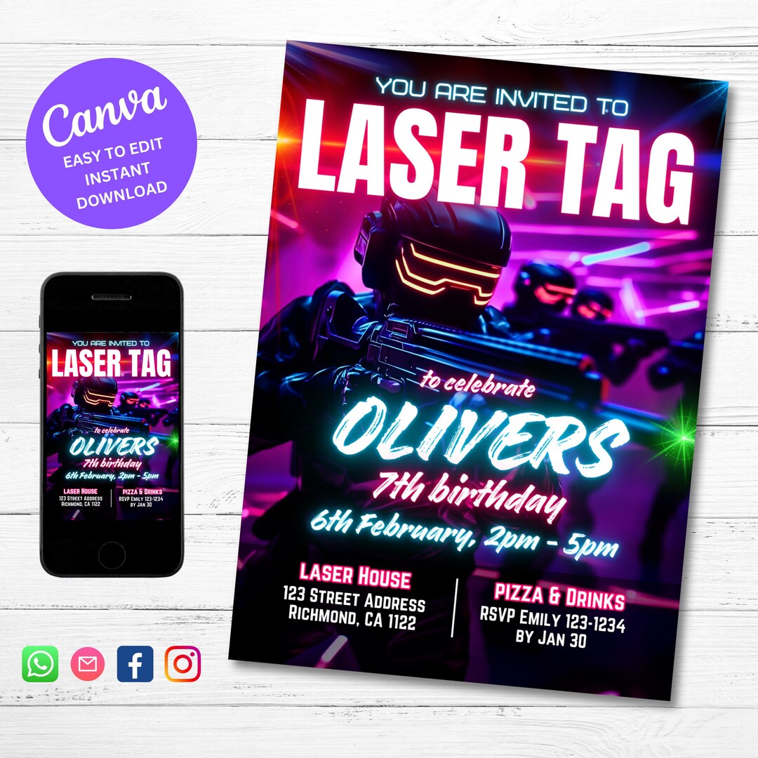 Editable Laser Tag Party Invitation – Neon Sci-fi Theme for Birthday ...