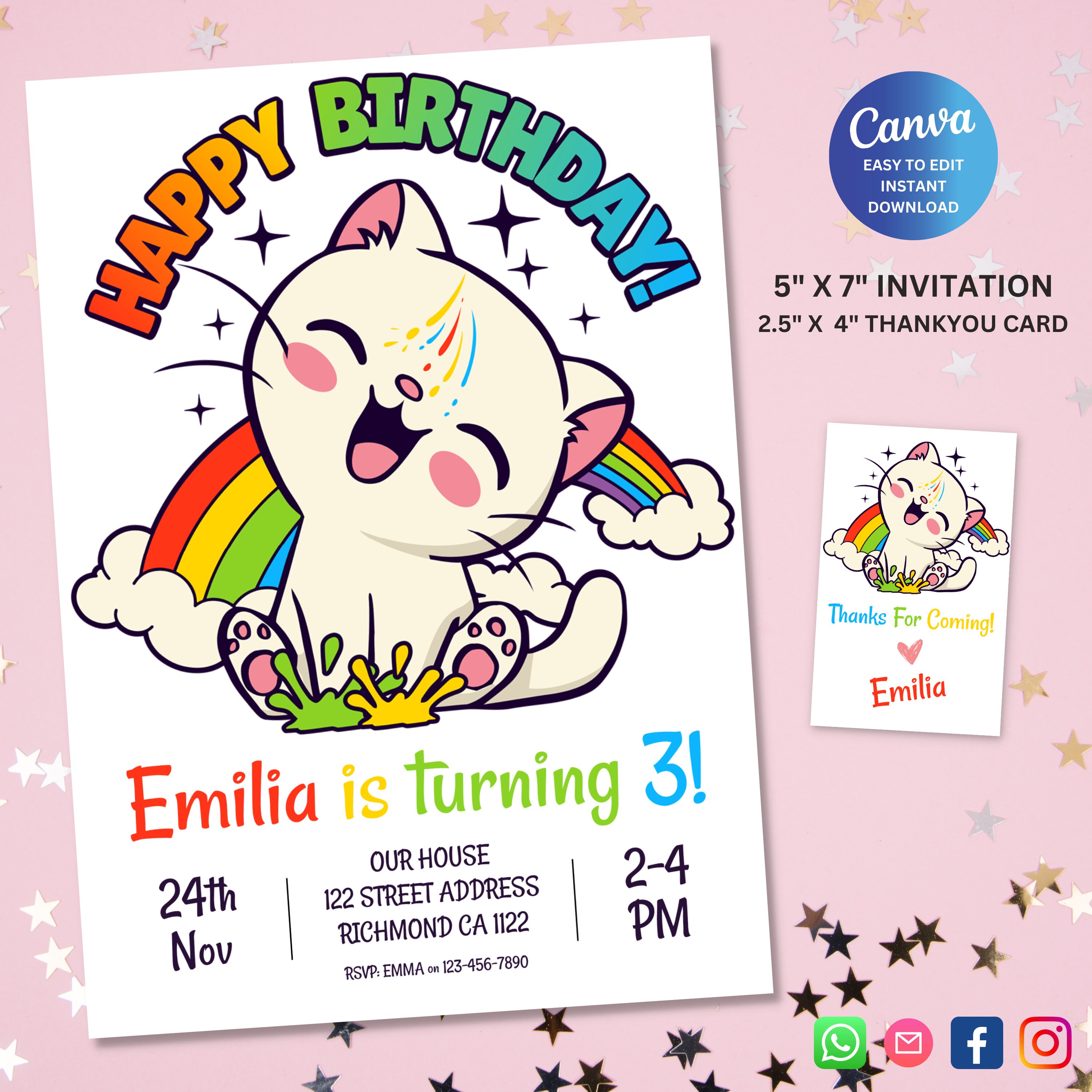 Cat Birthday Invitation Rainbow Cute Cat Birthday Invite - Etsy