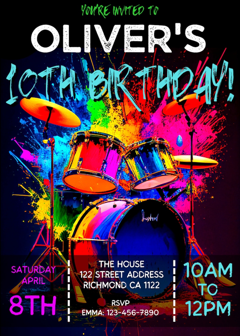Editable Drums Birthday Invitation: Neon Drum Kit (instant Download) - Etsy