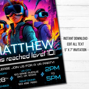 Editable VR Birthday Party Invitation: Gamer Neon Design (digital ...