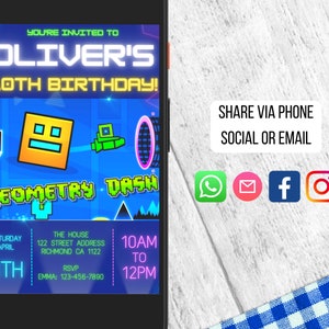 Editable Geometry Dash Digital Birthday Invitation - Printable Gamer ...