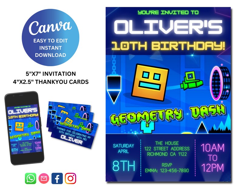 Geometry Dash Birthday Invitation: Gamer Party Invite (digital Download ...