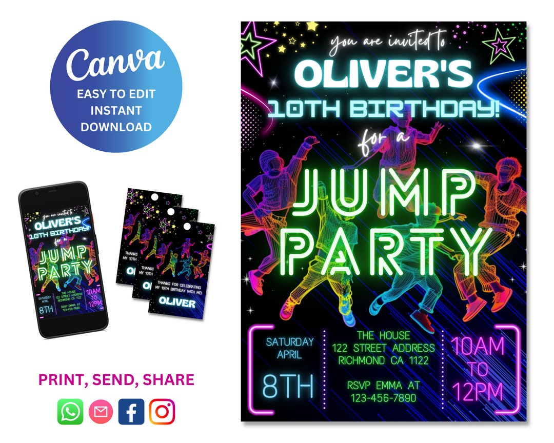 Editable Jump Party Birthday Invitation, Glow Trampoline Party, Bounce ...