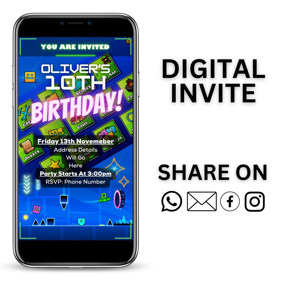 Geometry Dash Birthday Invitation: Neon Party Invite (digital) - Etsy UK