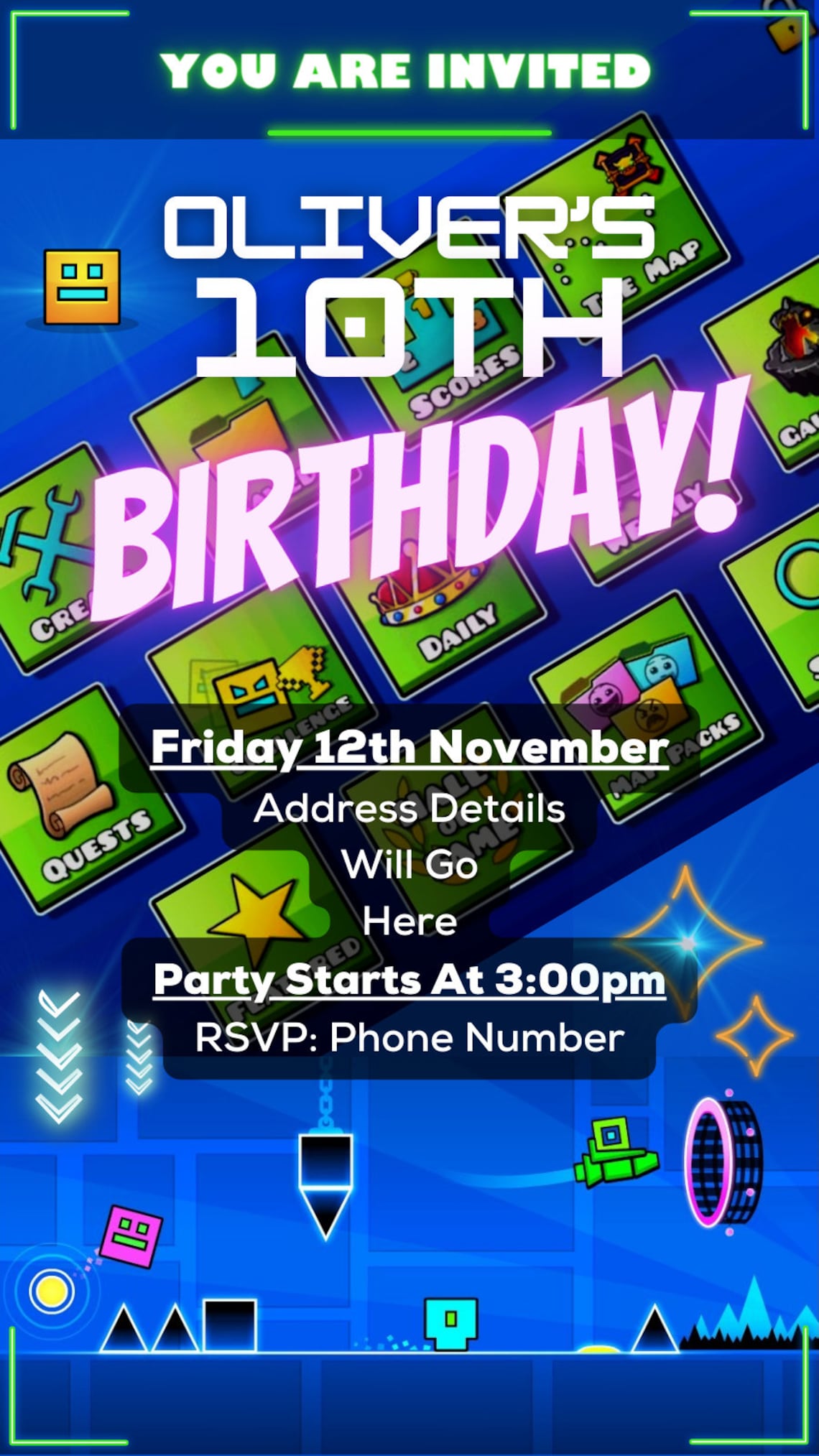 Geometry Dash Neon Digital Invitation Personalised Party - Etsy