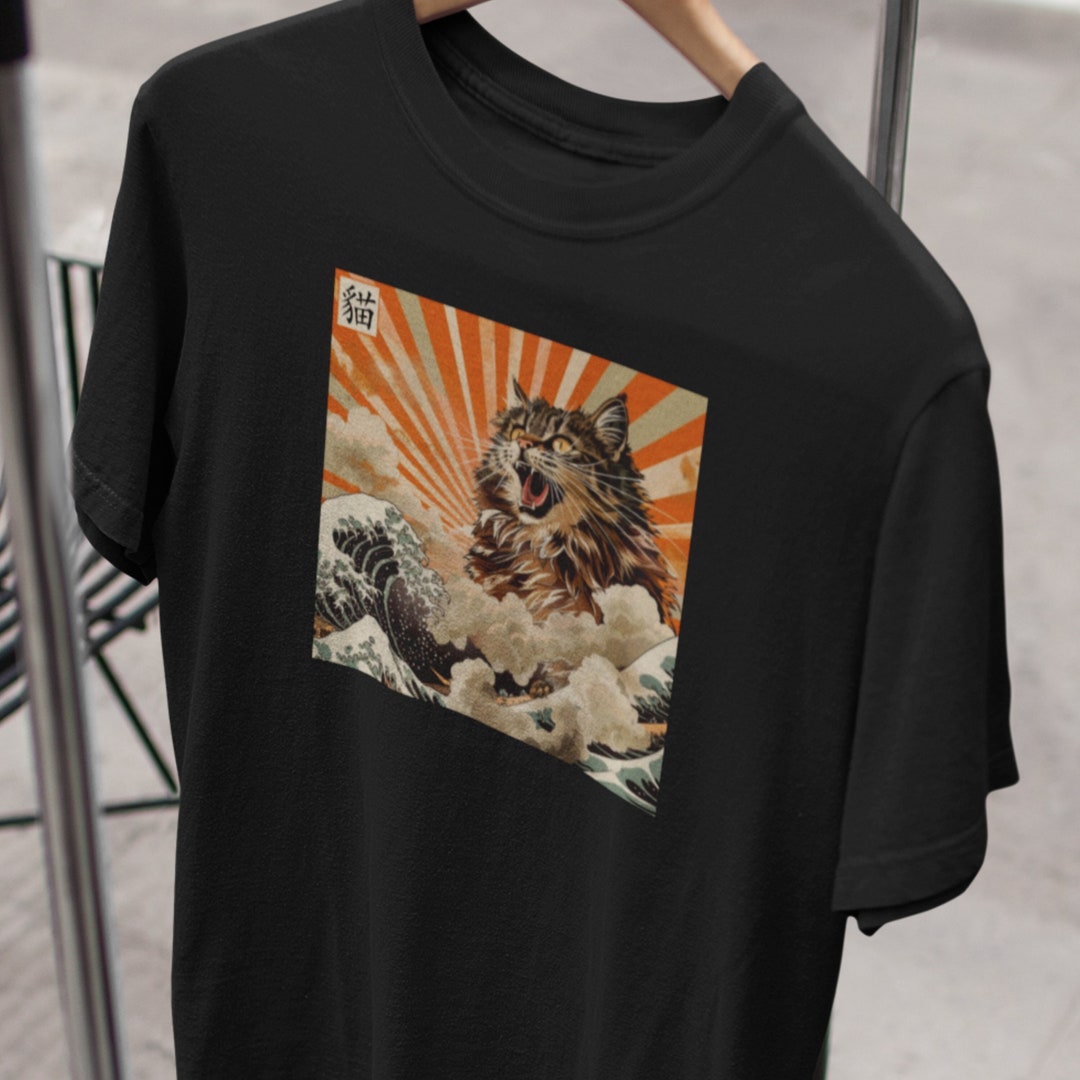 Catzilla Shirt, Synthwave Cat Shirt, Great Wave of Kanagawa, Japanese ...