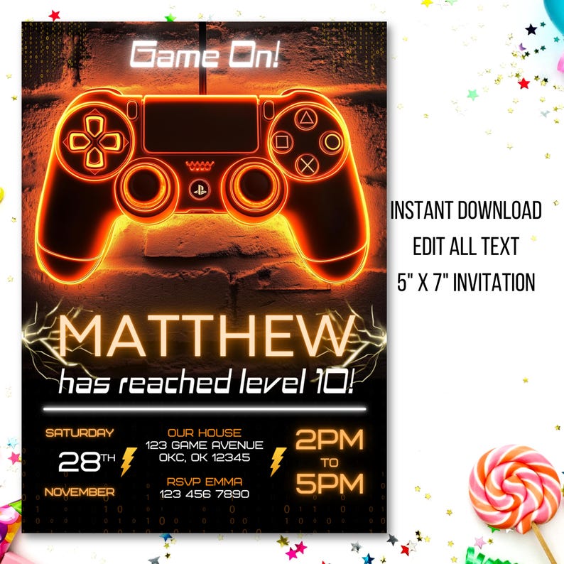 Orange Video Game Birthday Invitation: Editable Gamer Evite (digital ...