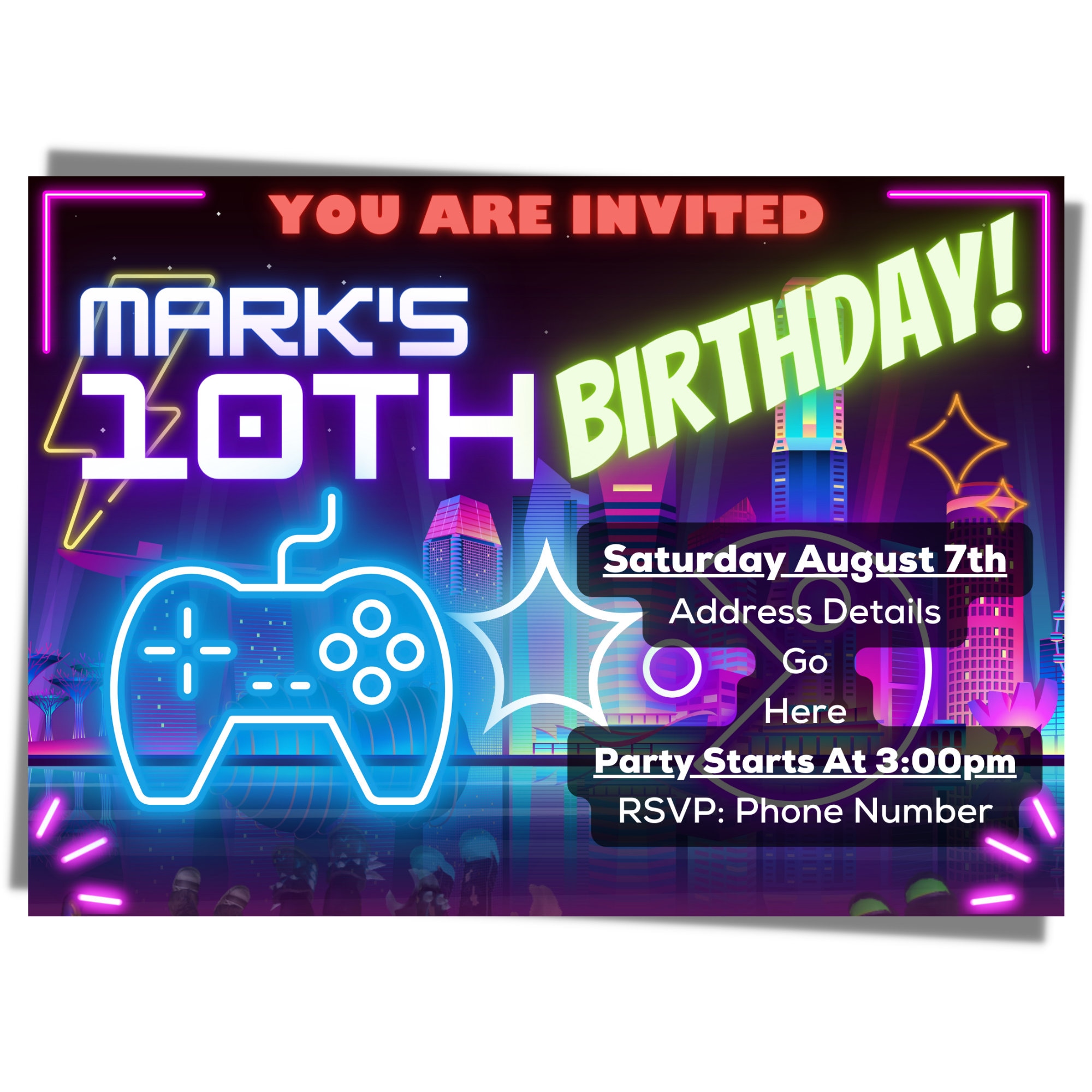 Neon Gamer Digital Invitation Personalised Party Invite - Etsy