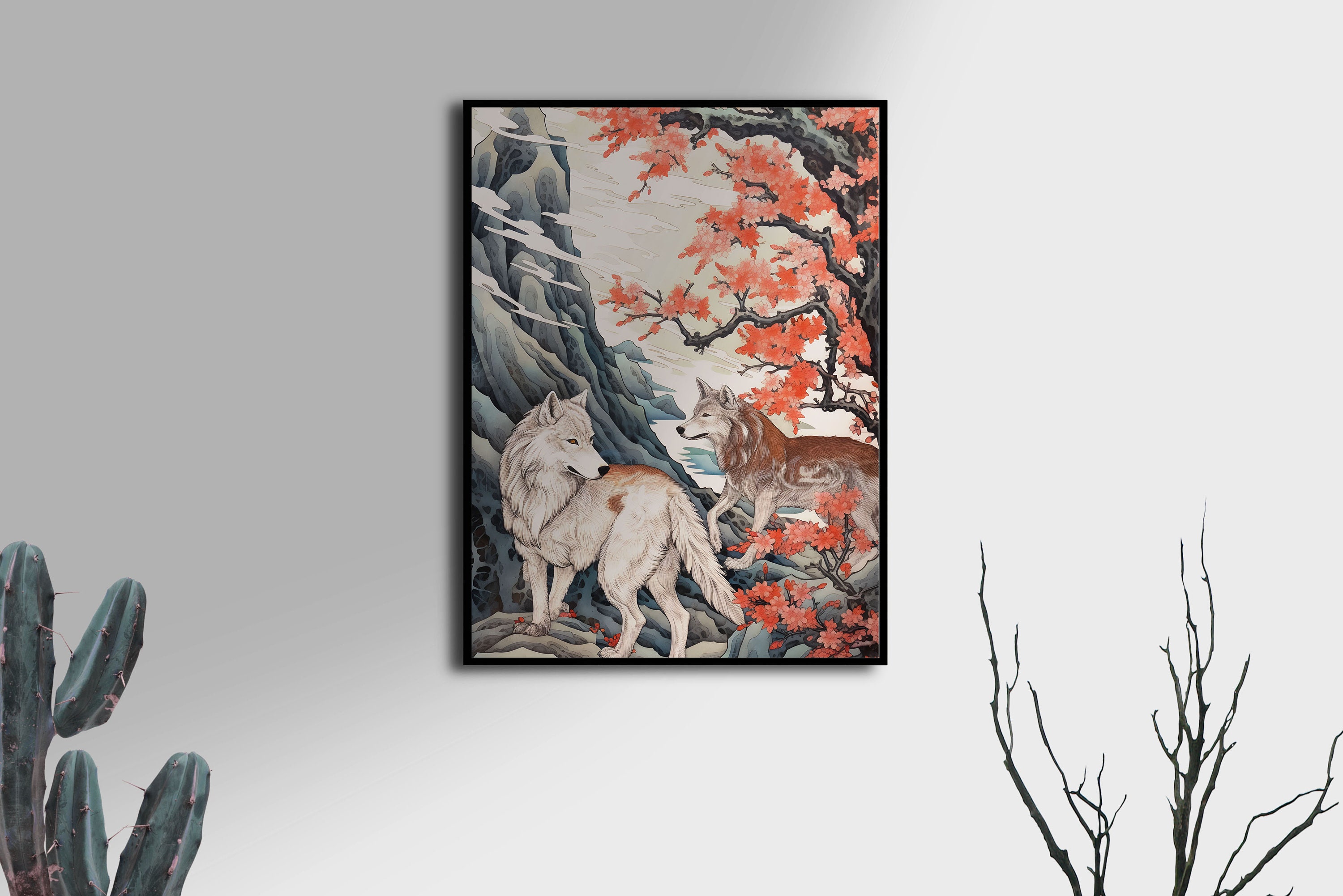 Sakura Hokusai Ukiyo-e Wolf Printable Wall Art, Edo Period Vintage ...