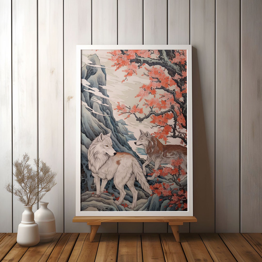Sakura Hokusai Ukiyo-e Wolf Printable Wall Art, Edo Period Vintage ...