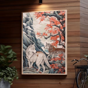 Sakura Hokusai Ukiyo-e Wolf Printable Wall Art, Edo Period Vintage ...
