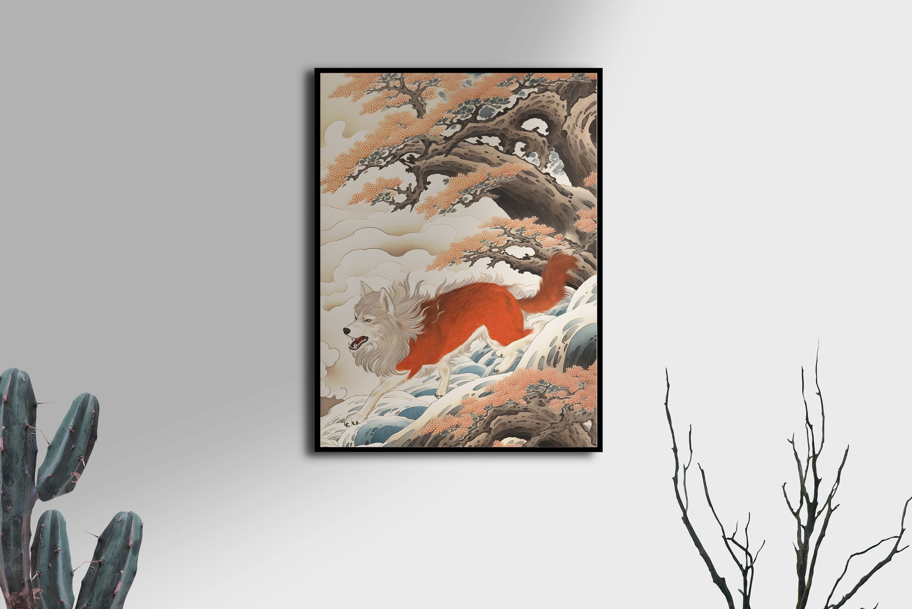 Sakura Hokusai Ukiyo-e Wolf Printable Wall Art, Edo Period Vintage ...
