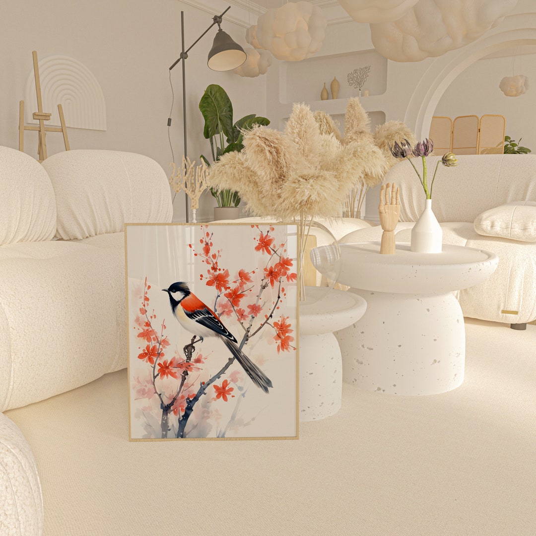 Sakura, Plum Blossom Magpie Printable Wall Art, Chinese Brush, Japanese ...