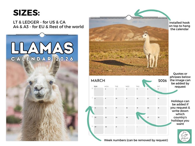 Llamas Wall Calendar 2026, Gift for Llama Lovers - Etsy