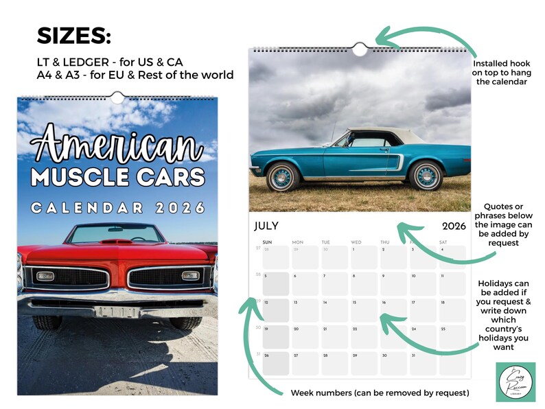 American Muscle Cars 2026 Wall Calendar, Vintage Car Lovers Gift - Etsy