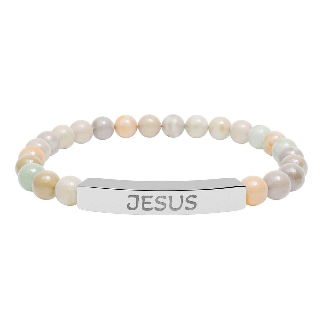 Engraved Jesus Bar Natural Stone Bracelet | Stretch Bead Bracelet - Etsy