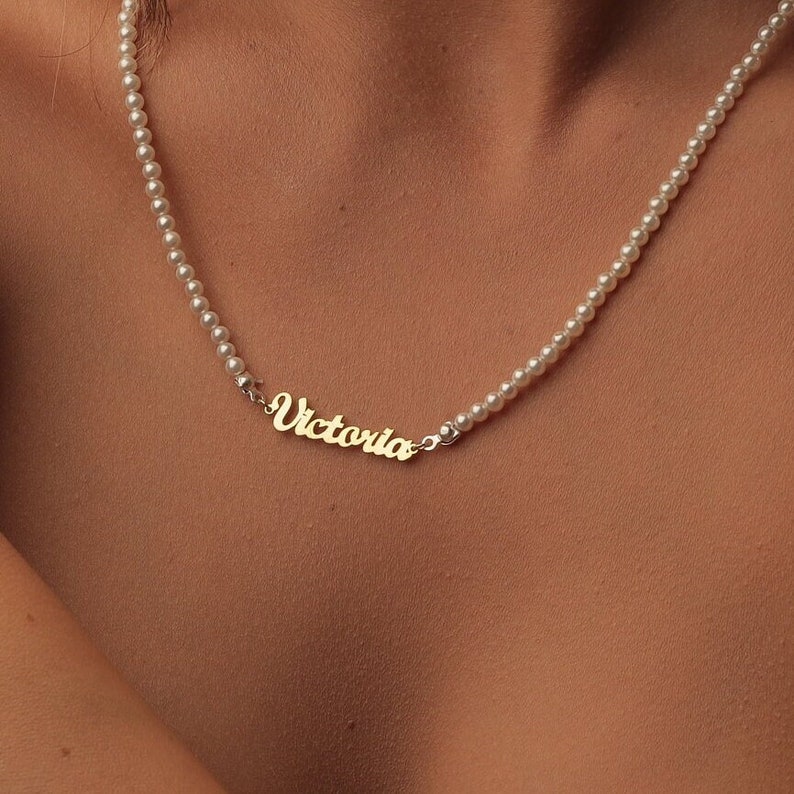 14k Gold Personalized Pearl Name Necklace, Custom Name Pearl Necklace ...