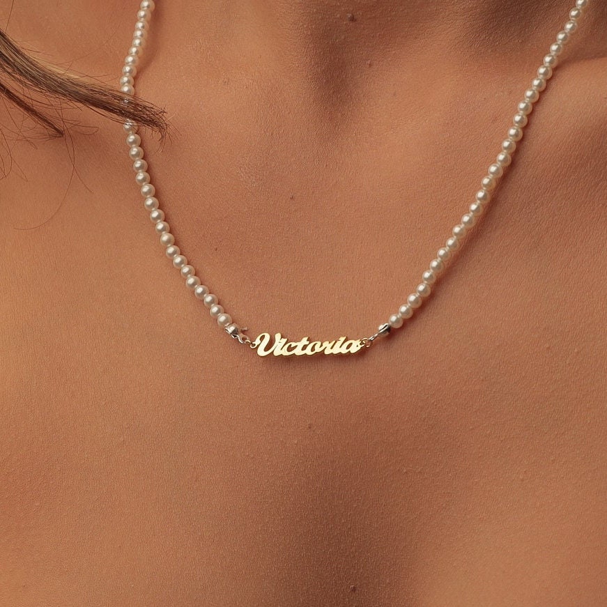 14k Gold Personalized Pearl Name Necklace, Custom Name Pearl Necklace ...