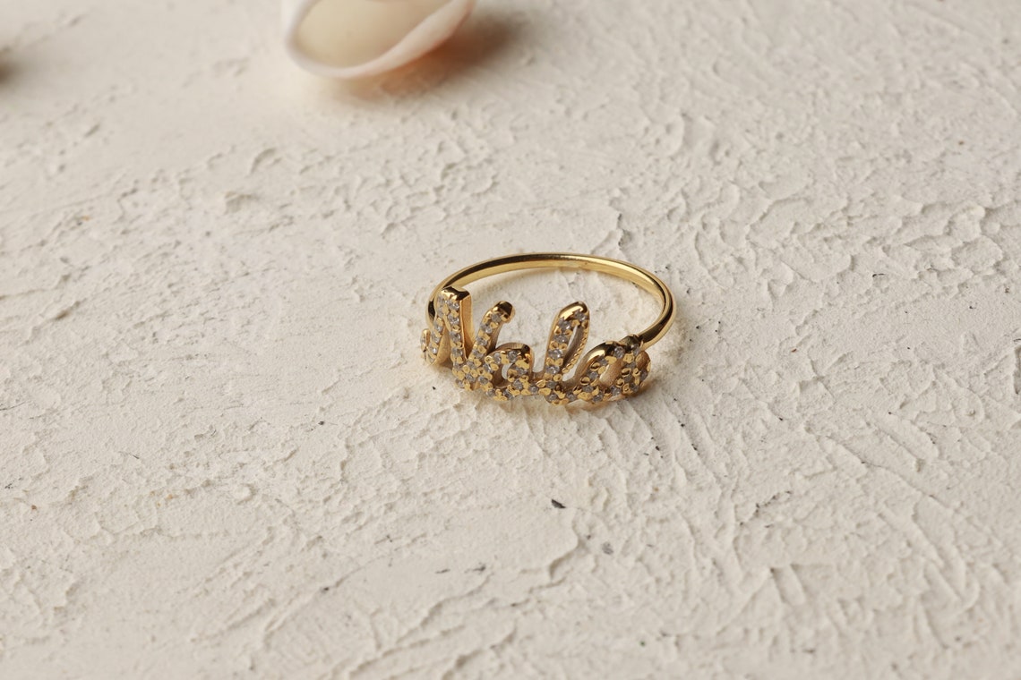 14k Solid Gold Custom Diamond Name Ring, Personalized Name Jewelry ...