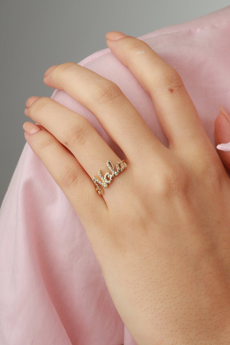 14k Solid Gold Custom Diamond Name Ring, Personalized Name Jewelry ...