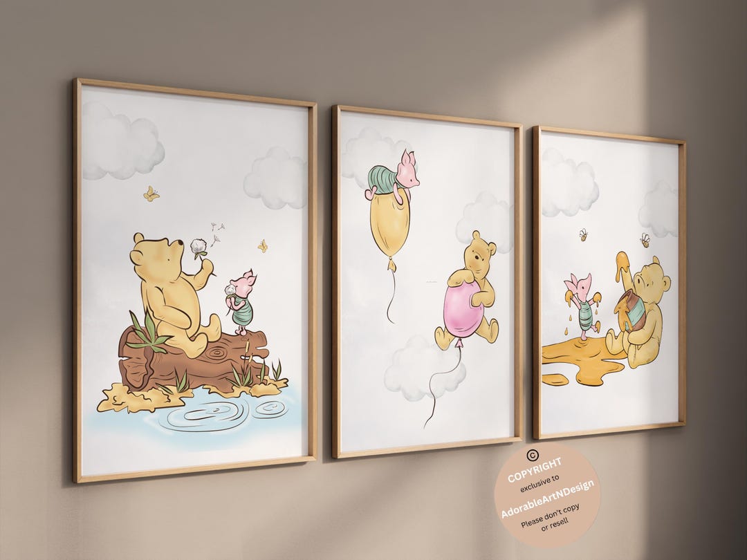 Winnie the Pooh Nursery Wall Art, Classic Winnie the Pooh Wall Art, Set ...