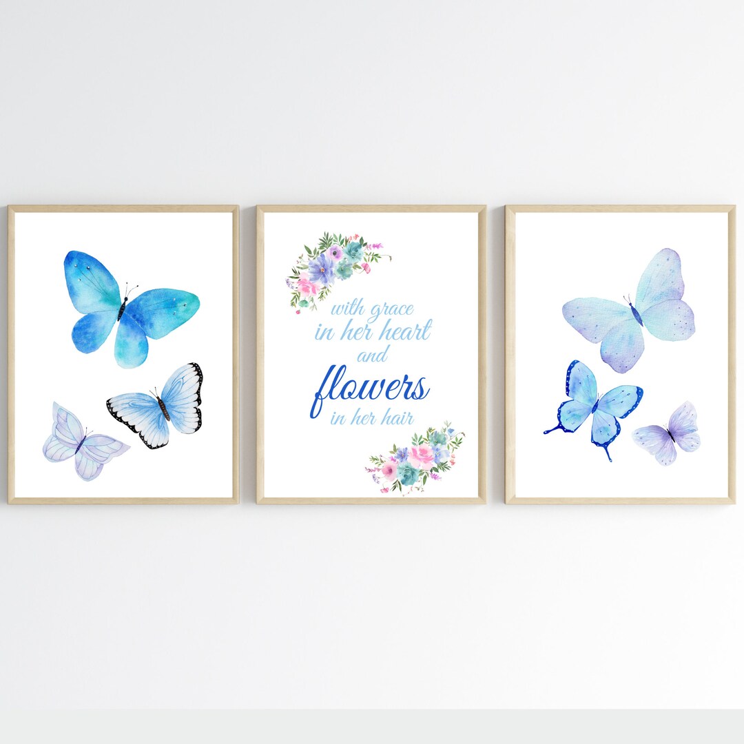Blue Butterfly, Nursery Decor Girl, Butterfly Nursery Prints, Floral ...