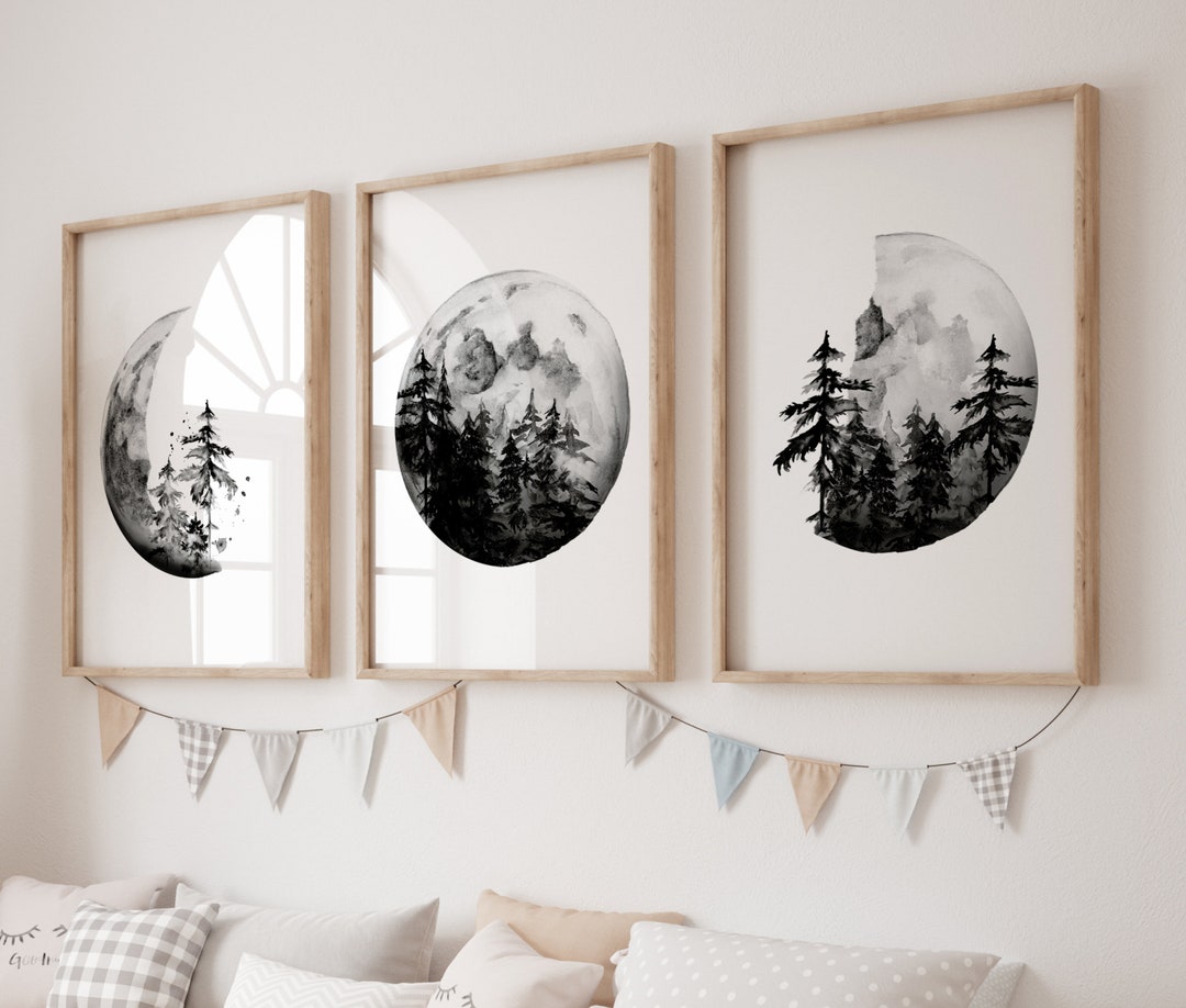 Moon Wall Art, Moon Nursery Decor, Moon Print, Moon Phases, Woodland ...
