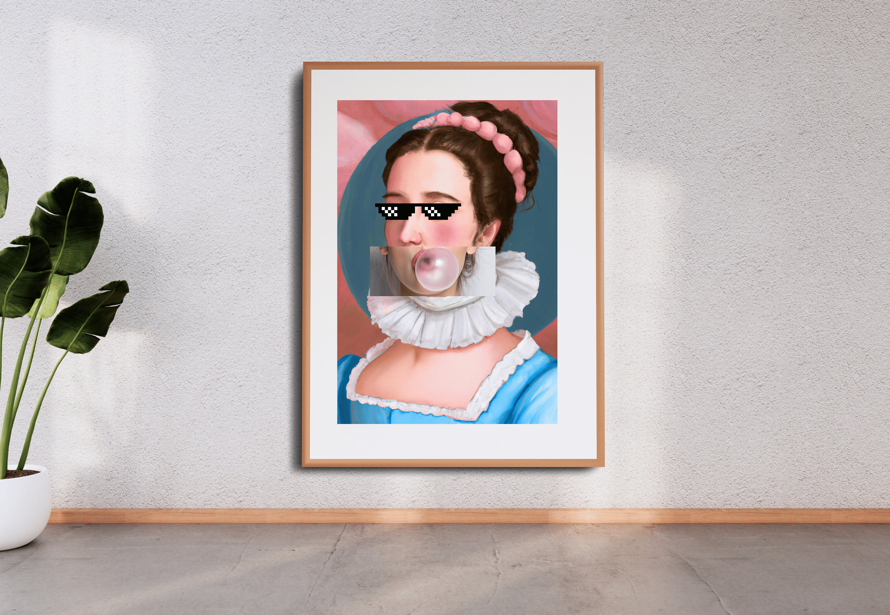 Pink Bubble Gum Poster Altered Art Gum Blowing Altered Portrait Rococo ...