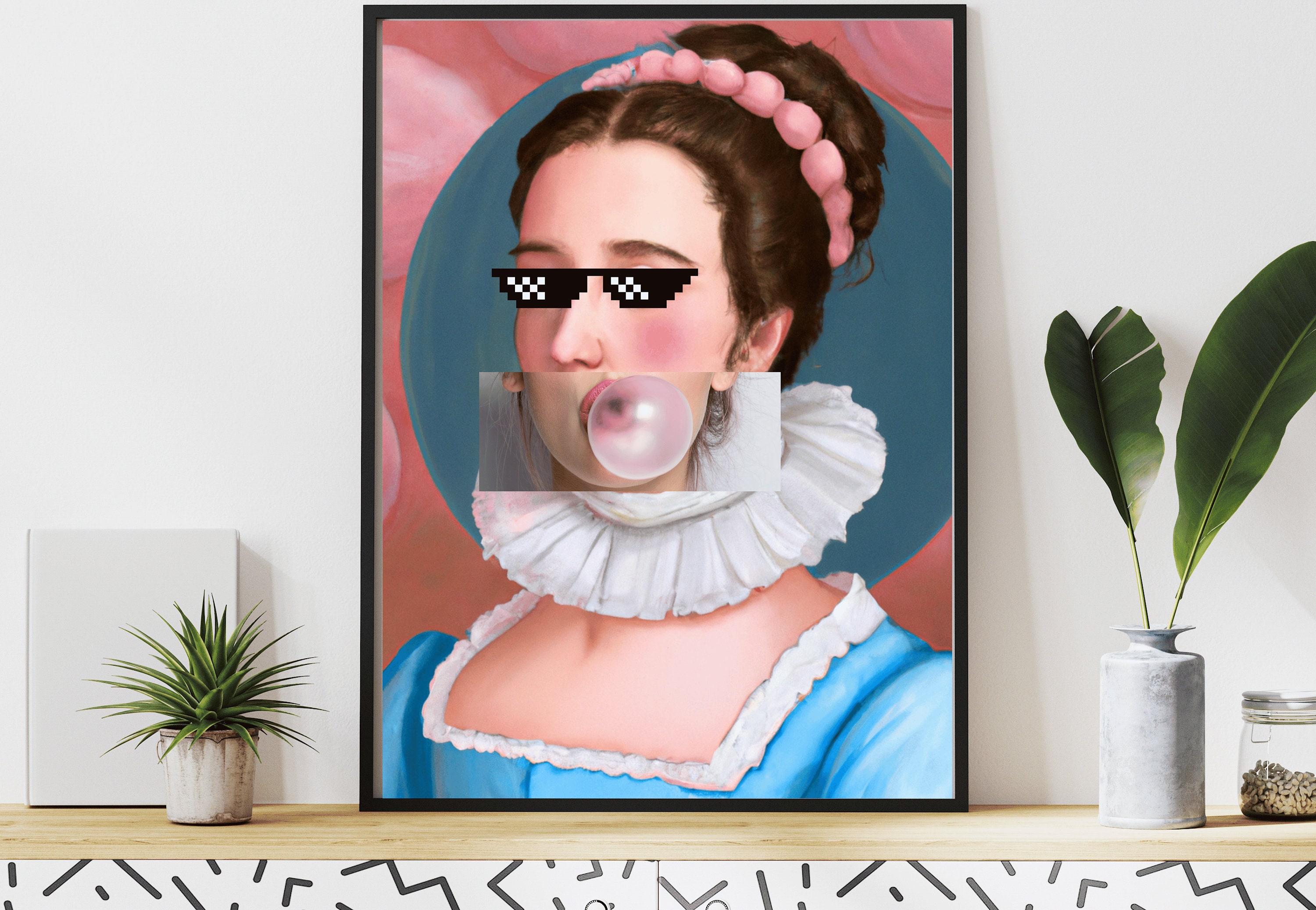 Pink Bubble Gum Poster Altered Art Gum Blowing Altered Portrait Rococo ...