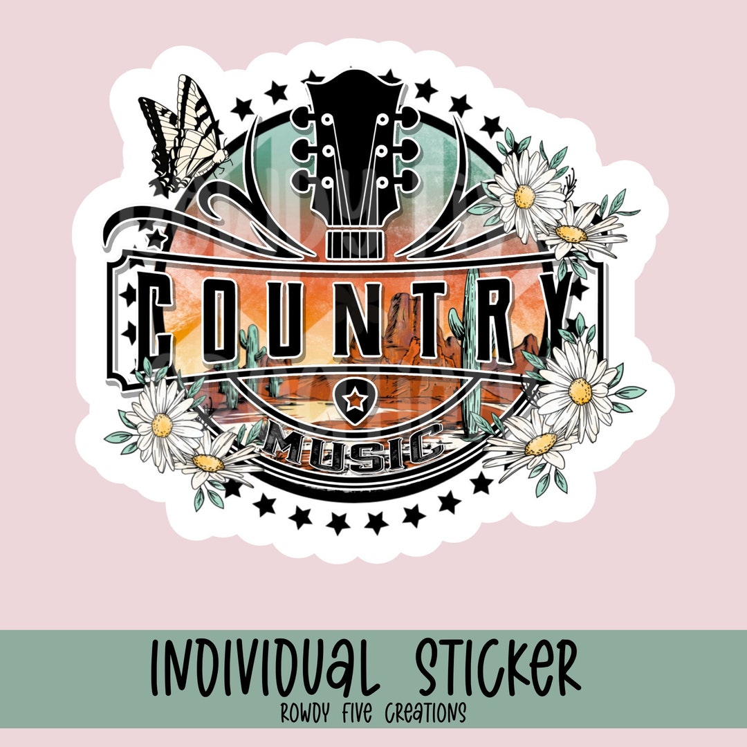 Country Music Sticker, Western Boho Sticker, Guitar Water Bottle ...