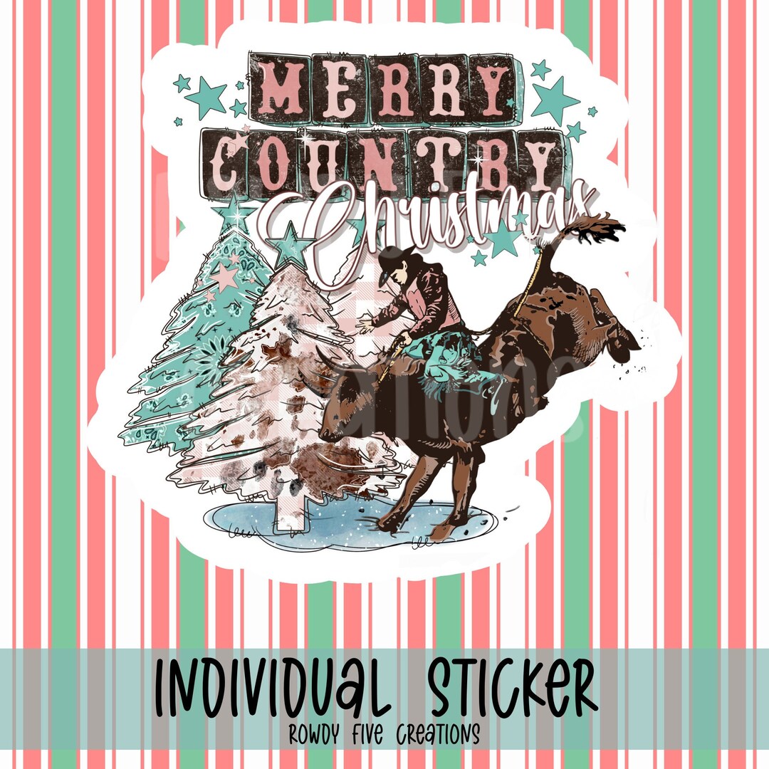 Merry Country Christmas Bull Riding Sticker, Holiday Water Bottle ...