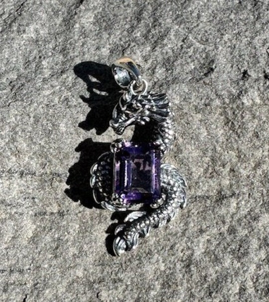1.8 Carats Emerald Cut Amethyst Dragon Pendant .925 Sterling Silver ...