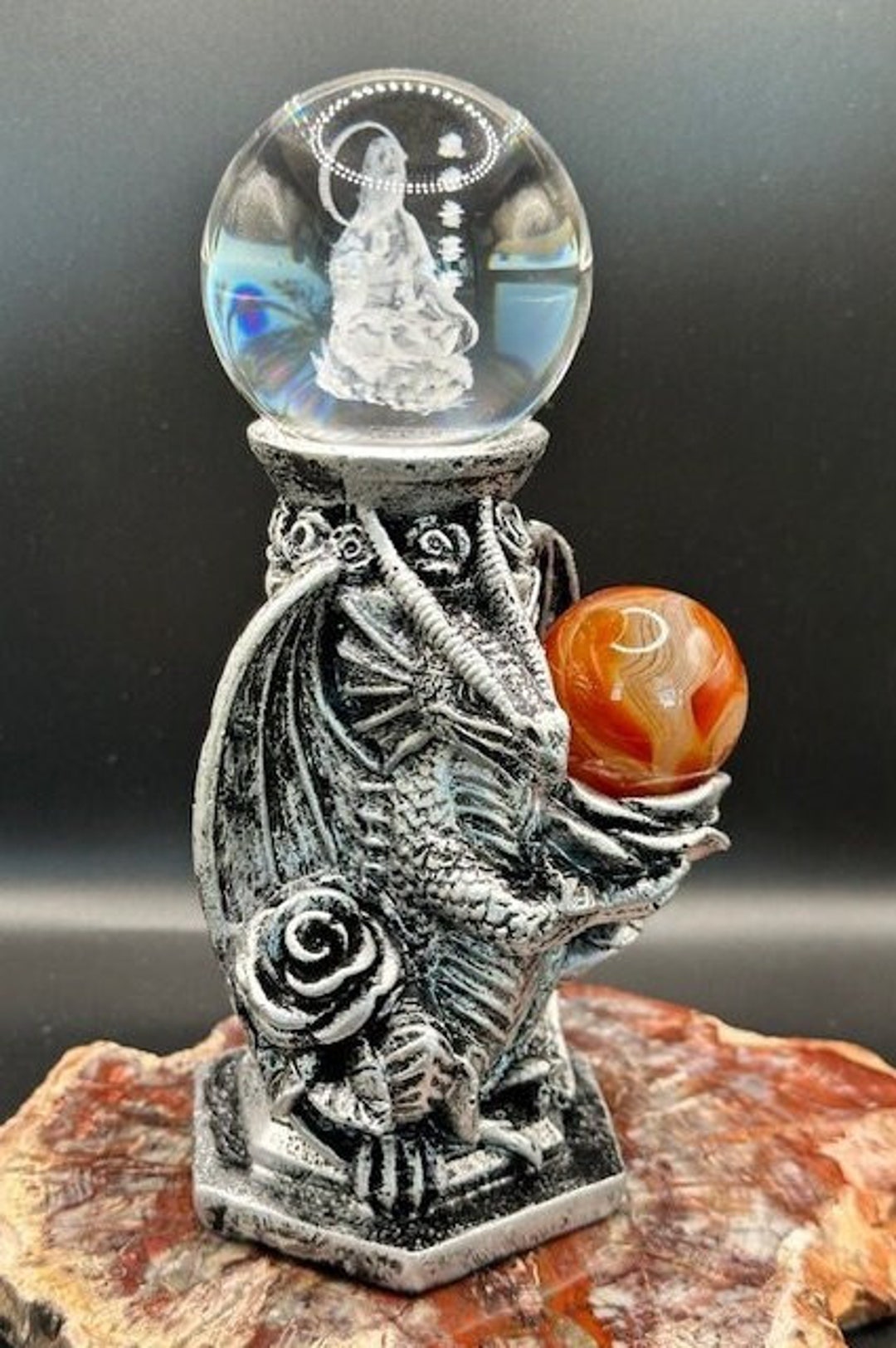 Flying Dragon and Roses Double Sphere Holder, Dragon Flowers Sphere ...