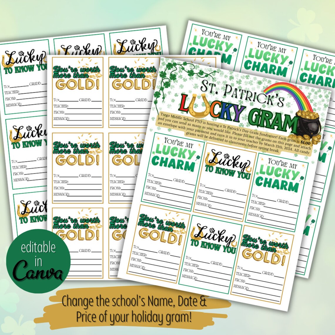 Editable St. Patrick's Day Candy Gram Form, Lucky Gram Money Maker, St ...